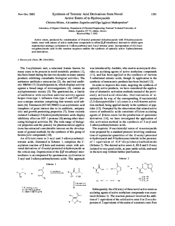 (PDF) Synthesis of tetronic acid derivatives from novel active esters ...
