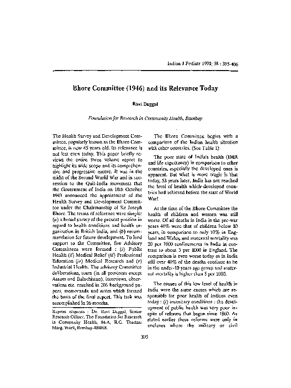 (PDF) Bhore Committee (1946) and its relevance today