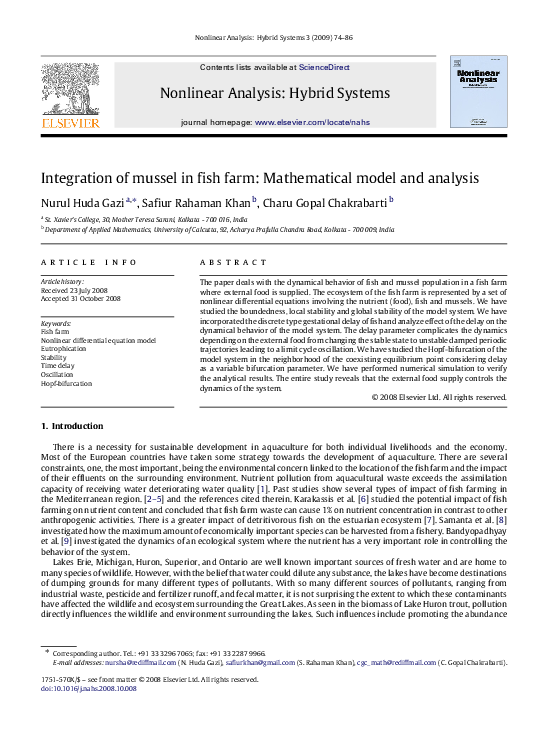 (PDF) Integration of mussel in fish farm: Mathematical model and analysis