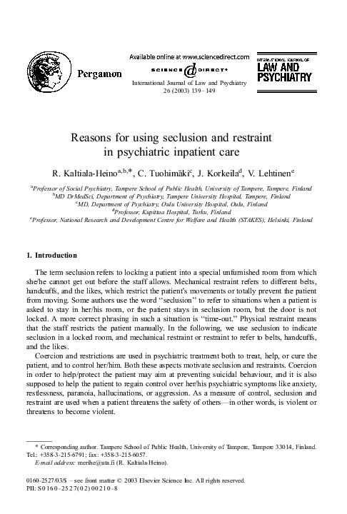 (PDF) Reasons for using seclusion and restraint in psychiatric ...