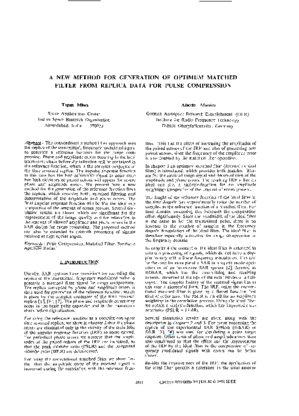 Pdf A New Method For Generation Of Optimum Matched Filter From Replica Data For Pulse Compression