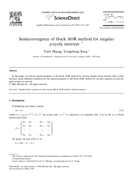 (PDF) Semiconvergence of block AOR method for singular p-cyclic matrices