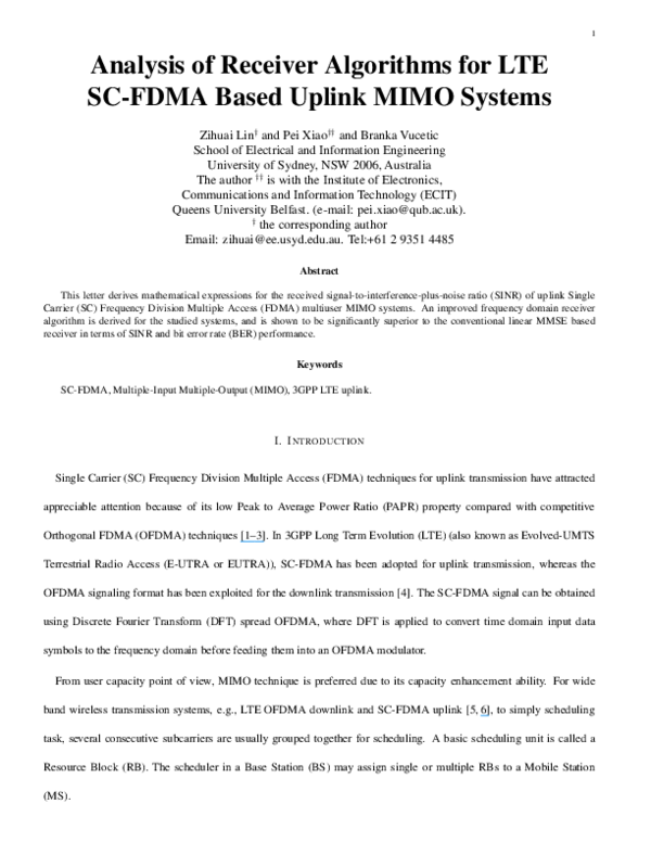 Pdf Analysis Of Receiver Algorithms For Lte Lte Sc Fdma Based Uplink Mimo Systems