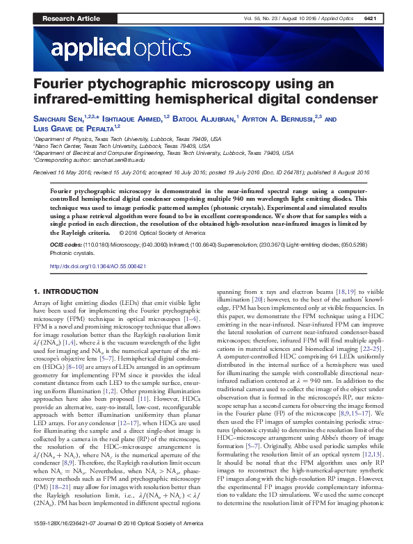 (PDF) Fourier ptychographic microscopy using an infrared-emitting hemispherical digital condenser