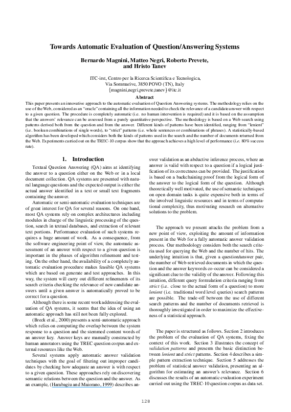 (PDF) Towards Automatic Evaluation of Question/Answering Systems