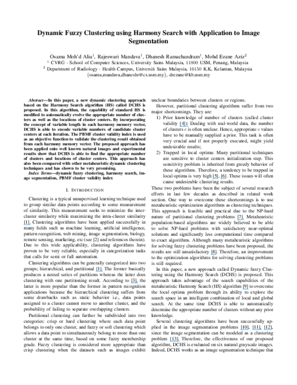 (PDF) Dynamic fuzzy clustering using Harmony Search with application to image segmentation