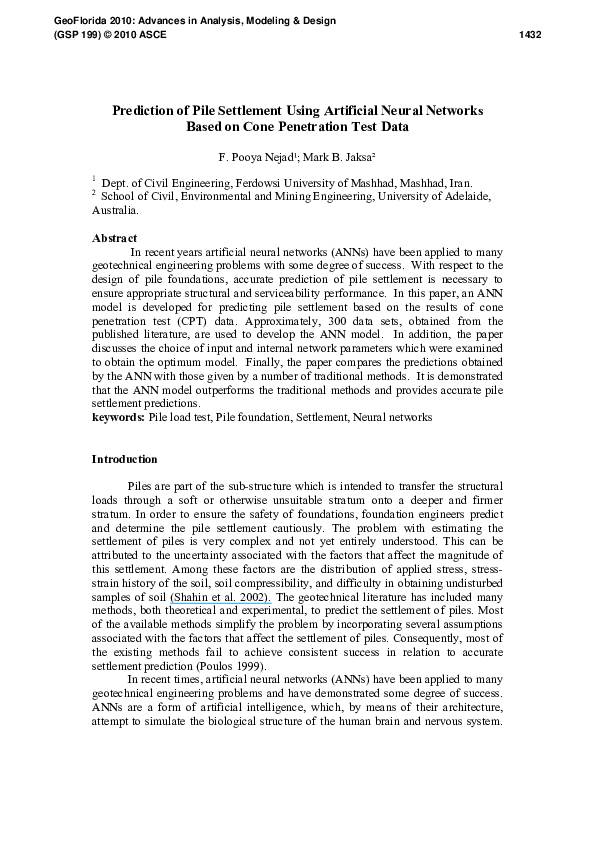Pdf Prediction Of Pile Settlement Using Artificial Neural Networks