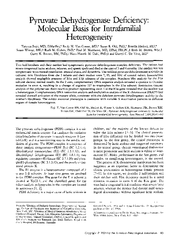 (PDF) Pyruvate dehydrogenase deficiency: Molecular basis for ...