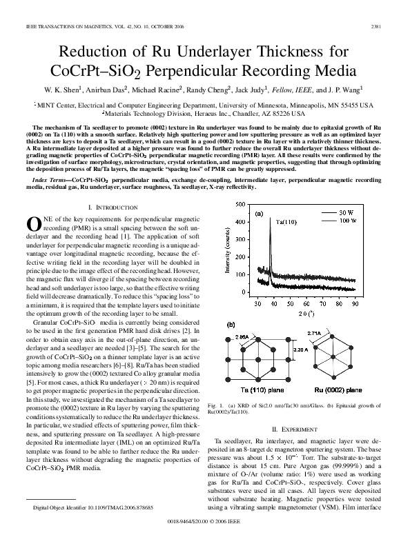 (PDF) Reduction of Ru Underlayer Thickness for CoCrPt–SiO Perpendicular Recording Media