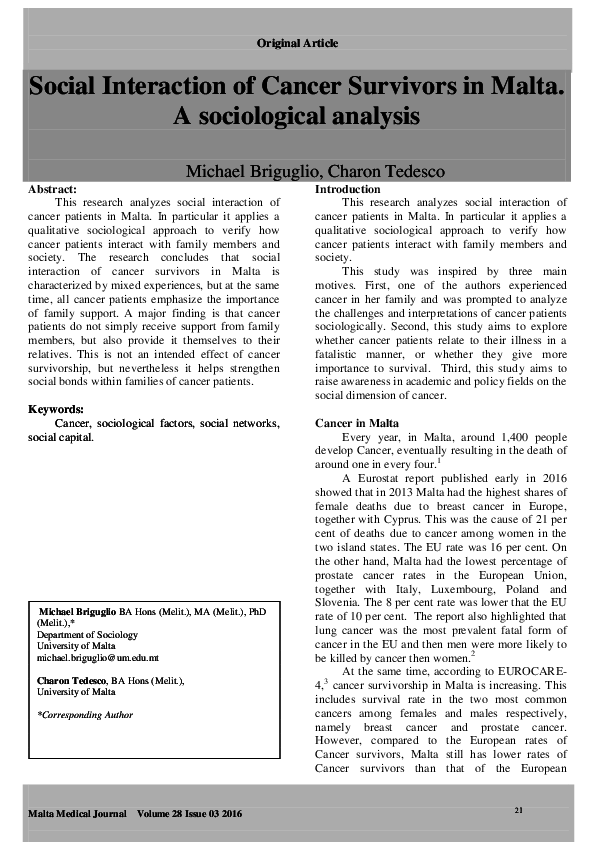 (PDF) Social Interaction of cancer survivors in Malta. A sociological ...