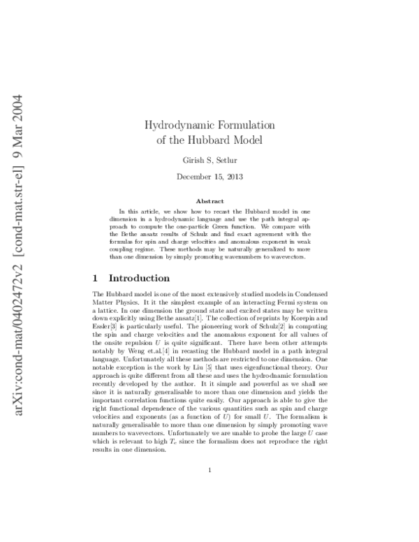 (PDF) Hydrodynamic Formulation of the Hubbard Model