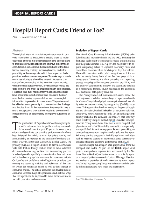 (PDF) Hospital Report Cards: Intent, Impact, and Illusion