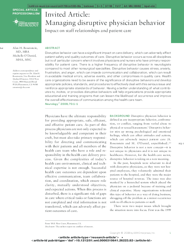(PDF) Invited Article: Managing disruptive physician behavior: Impact ...
