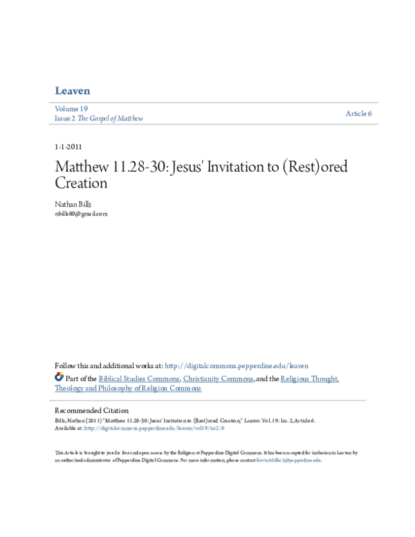 (PDF) Matthew 11.28-30: Jesus' Invitation to (Rest)ored Creation