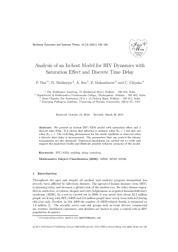 Pdf Analysis Of An In Host Model For Hiv Dynamics With Saturation Effect And Discrete Time Delay