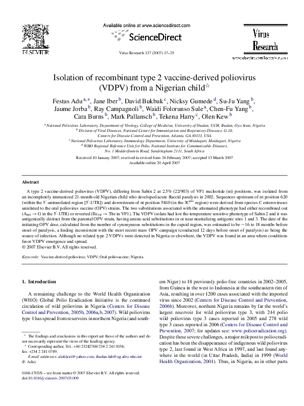(PDF) Isolation of recombinant type 2 vaccine-derived poliovirus (VDPV ...
