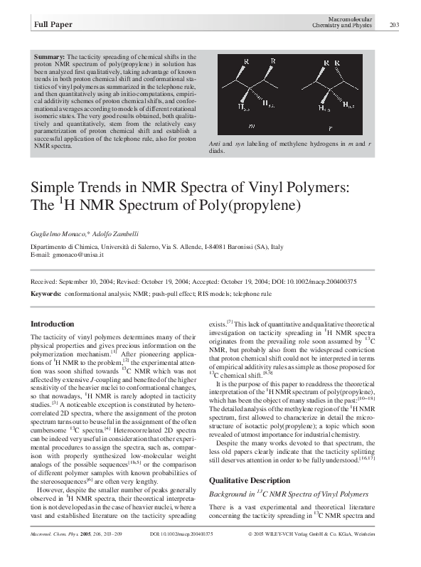 (PDF) Simple Trends in NMR Spectra of Vinyl Polymers: The1H NMR ...