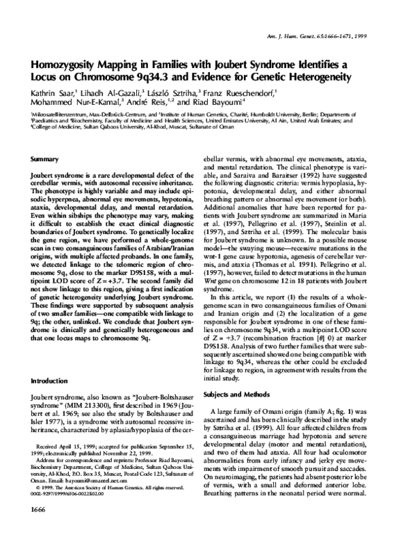 (PDF) Homozygosity Mapping in Families with Joubert Syndrome Identifies a Locus on Chromosome ...