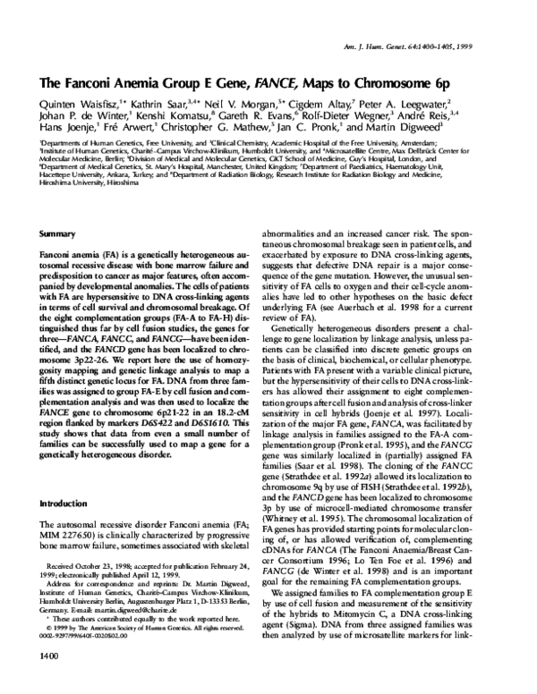 (PDF) The Fanconi Anemia Group E Gene, FANCE, Maps to Chromosome 6p
