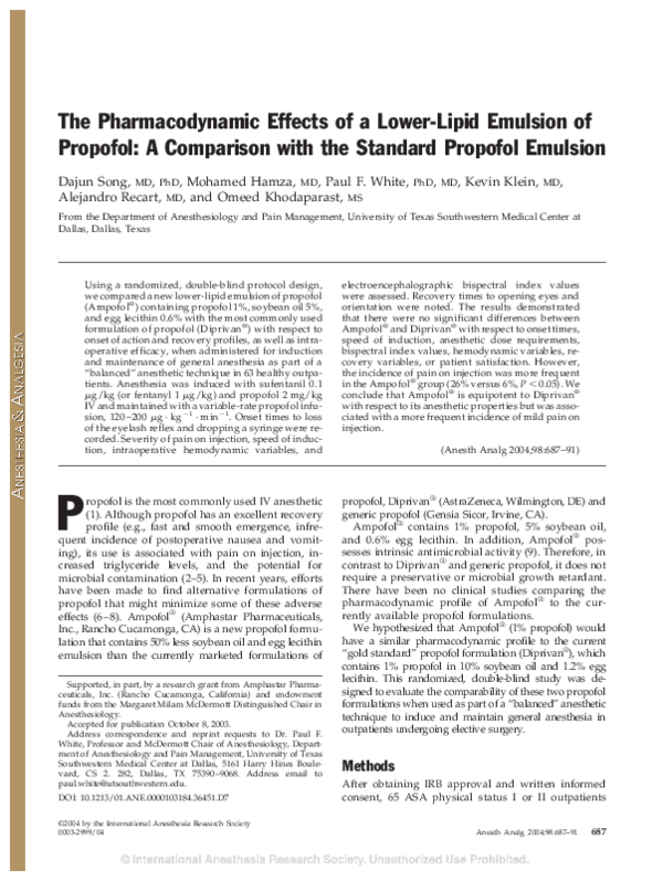 (PDF) The Pharmacodynamic Effects of a Lower-Lipid Emulsion of Propofol ...