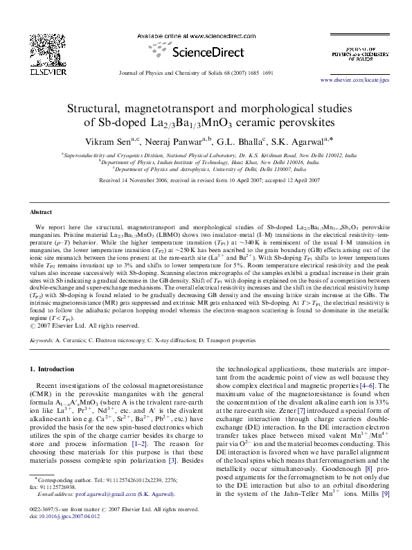 (PDF) Structural, magnetotransport and morphological studies of Sb-doped La2/3Ba1/3MnO3 ceramic ...