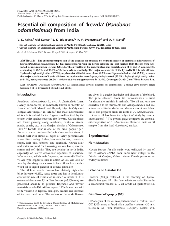 (PDF) Essential oil composition of‘kewda’(Pandanus odoratissimus) from ...