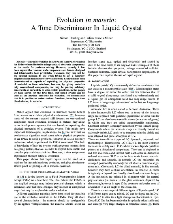 (PDF) Evolution in materio: a tone discriminator in liquid crystal