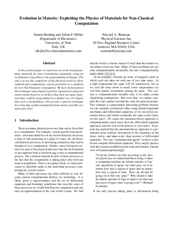 (PDF) Evolution in Materio: Exploiting the Physics of Materials for Computation