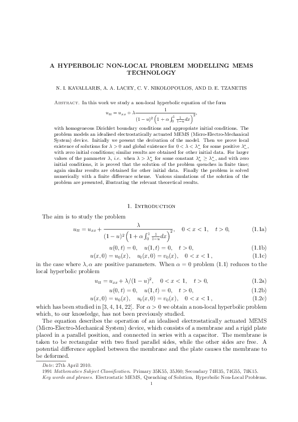 (PDF) A hyperbolic non-local problem modelling MEMS technology