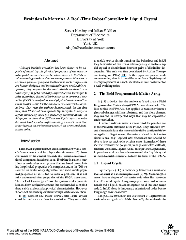 (PDF) Evolution In Materio : A Real-Time Robot Controller in Liquid ...