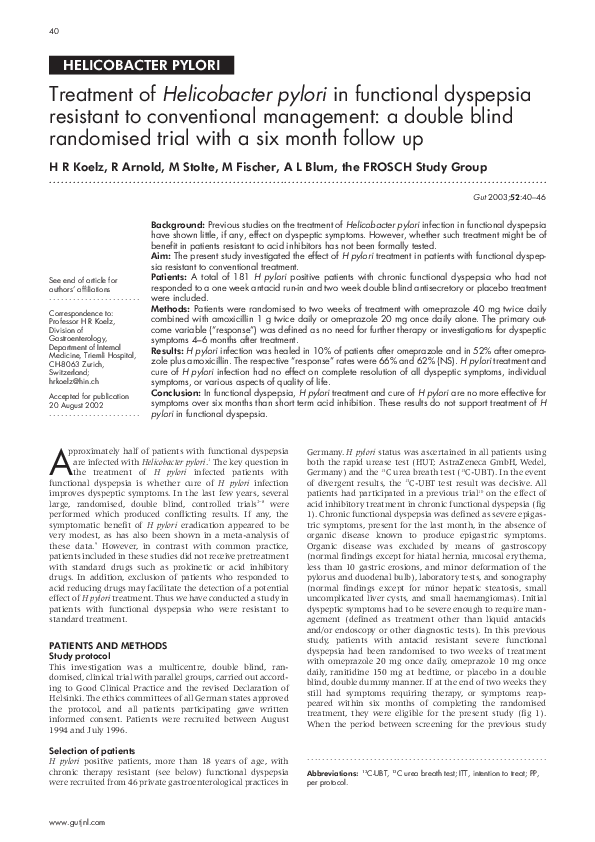 (PDF) Treatment of Helicobacter pylori in functional dyspepsia resistant to conventional ...