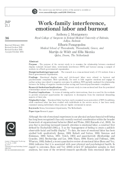 (PDF) Work-family interference, emotional labor and burnout