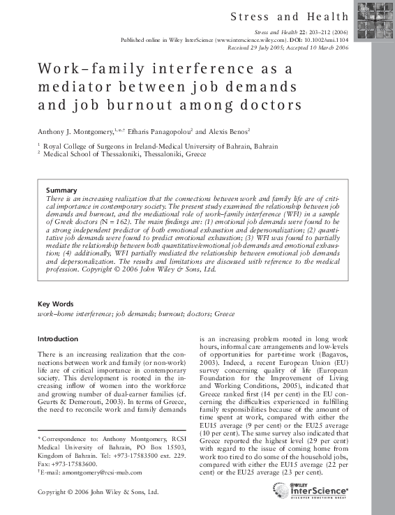 (PDF) Work–family interference as a mediator between job demands and ...