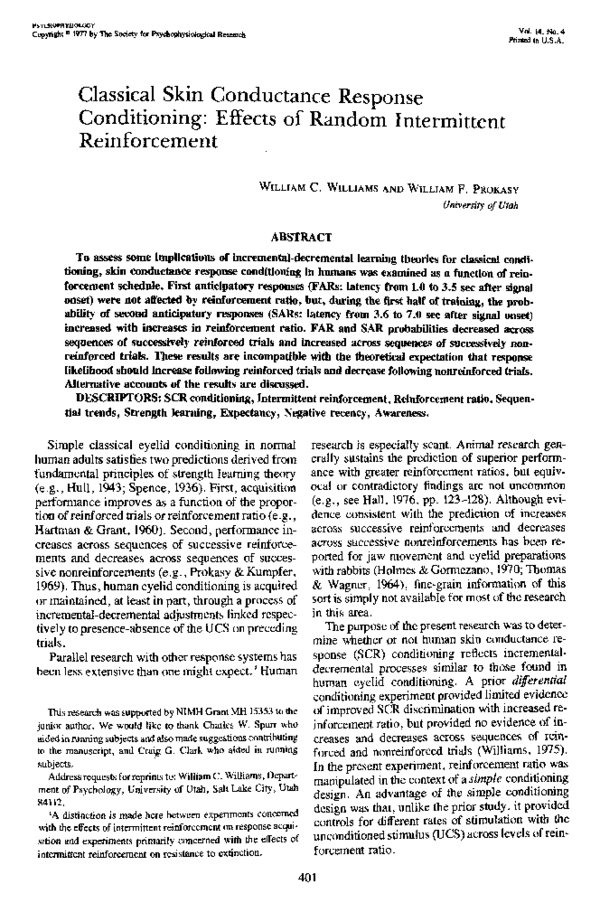 (PDF) Classical Skin Conductance Response Conditioning: Effects of ...