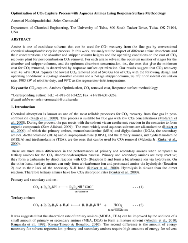 (PDF) Optimization of CO 2 capture process with aqueous amines using response surface methodology