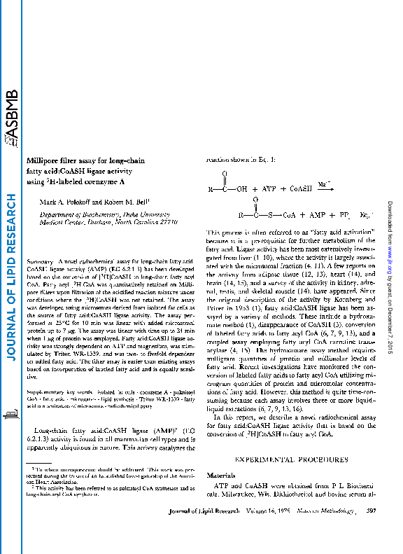 (PDF) Millipore filter assay for long-chain fatty acid:CoASH ligase ...