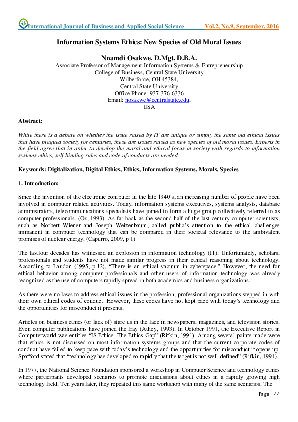 (PDF) Information Systems Ethics: New Species of Old Moral Issues
