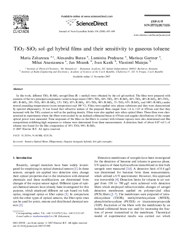 (PDF) TiO2–SiO2 sol–gel hybrid films and their sensitivity to gaseous toluene