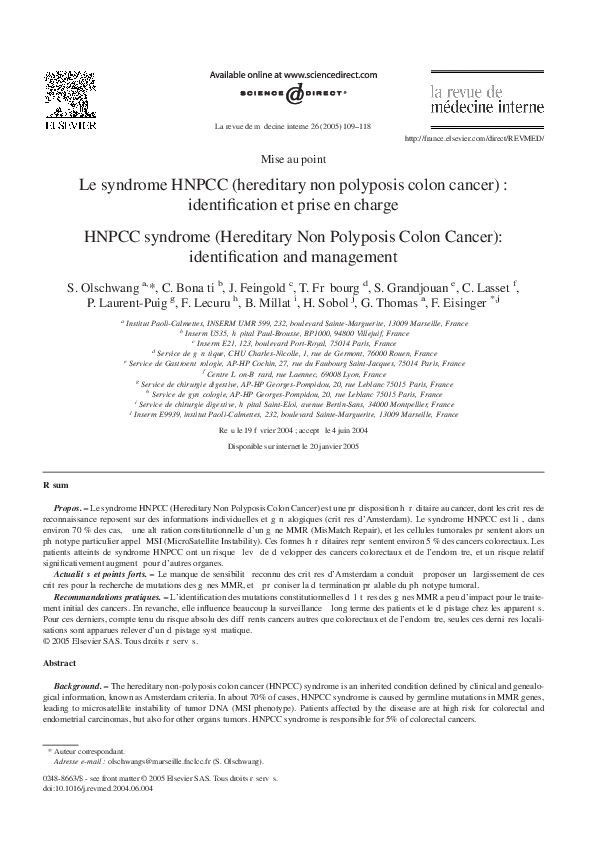 (PDF) Le syndrome HNPCC (hereditary non polyposis colon cancer ...