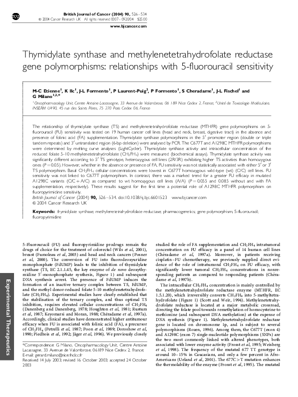 (PDF) Thymidylate synthase and methylenetetrahydrofolate reductase gene ...