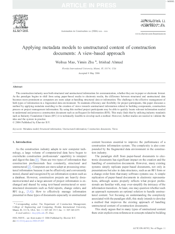 Pdf Applying Metadata Models To Unstructured Content Of Construction