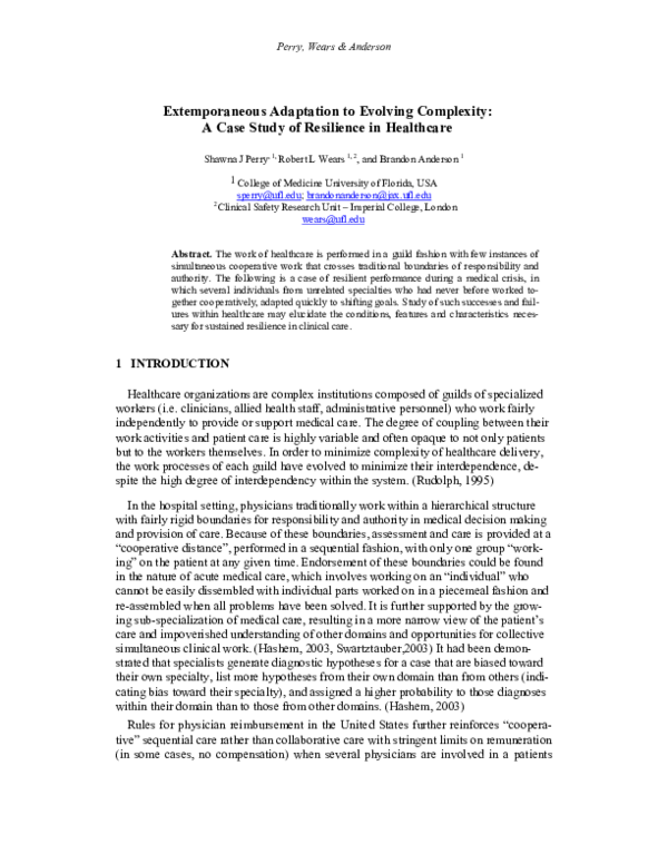 (PDF) Extemporaneous Adaptation to Evolving Complexity: A Case Study of Resilience in Healthcare