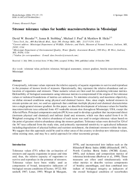 (PDF) Stressor tolerance values for benthic macroinvertebrates in ...