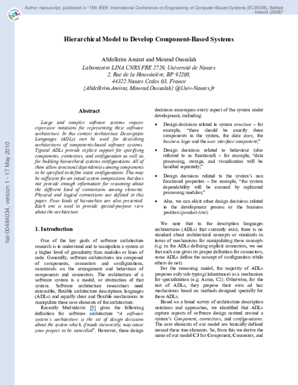 (PDF) Hierarchical Model to Develop Component-Based Systems