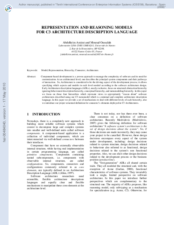 (PDF) Representation and Reasoning Models for C3 Architecture ...