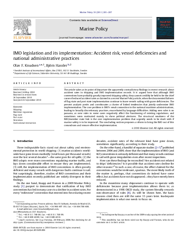 (PDF) IMO legislation and its implementation: Accident risk, vessel ...