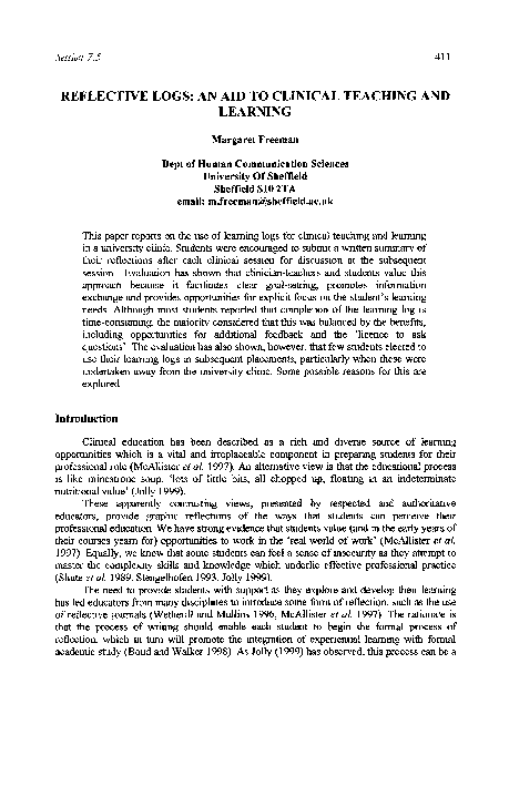 (PDF) Reflective Logs: An Aid to Clinical Teaching and Learning