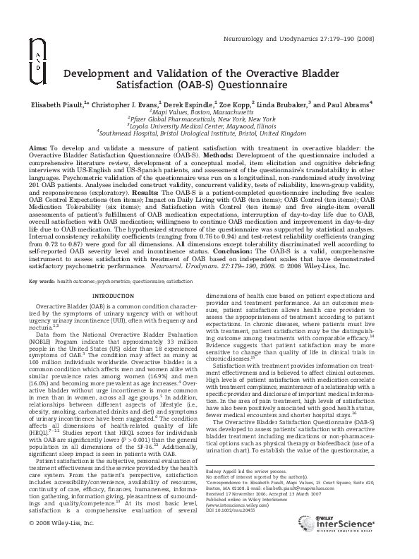 Pdf Development And Validation Of The Overactive Bladder Satisfaction Oab S Questionnaire