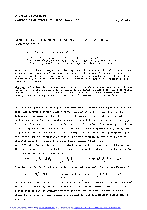 (PDF) Resistivity of a Disordered Two-Dimensional Electron Gas Under Magnetic Field | Ivan da ...