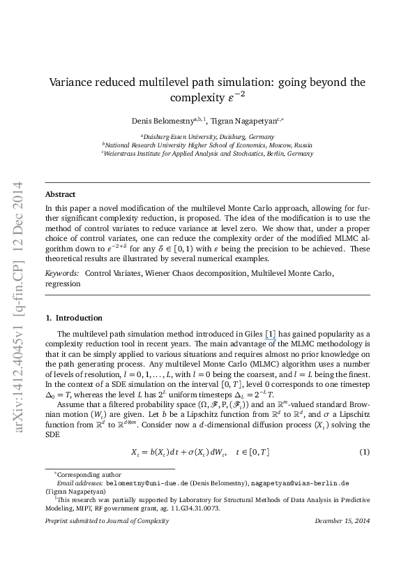 (PDF) Variance reduced multilevel path simulation: going beyond the complexity $\ varepsilon^{-2}